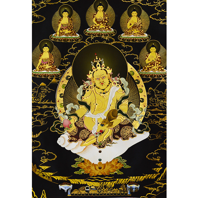 Gilded Tibetan Yellow Jambhala Thangka – Five Wealth Gods Buddhist Wall ...