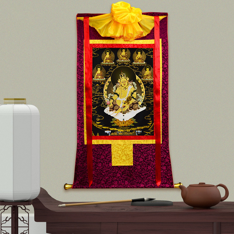 Gilded Tibetan Yellow Jambhala Thangka – Five Wealth Gods Buddhist Wall ...