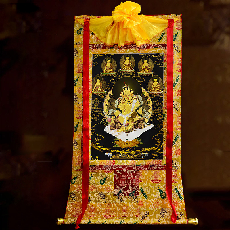Gilded Tibetan Yellow Jambhala Thangka – Five Wealth Gods Buddhist Wall ...