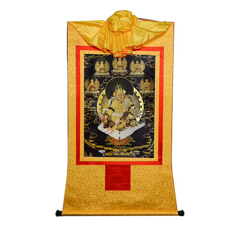 Gilded Tibetan Yellow Jambhala Thangka – Five Wealth Gods Buddhist Wall ...
