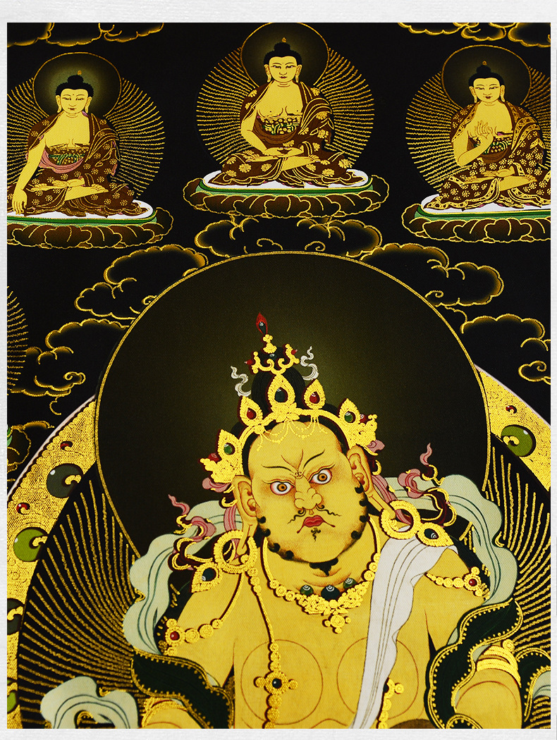 Gilded Tibetan Yellow Jambhala Thangka – Five Wealth Gods Buddhist Wall ...